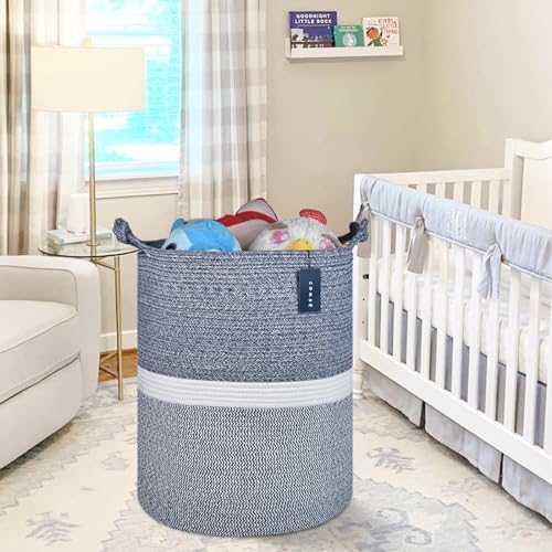 COMSE Extra Large Blanket Basket, Tall Laundry Basket, Laundry Hamper, 15.7”x 21.7”, Storage Basket, Blanket Basket for Living room, Toy Basket, Woven Basket, Clothes Baskets,Blend Navy Blue/White