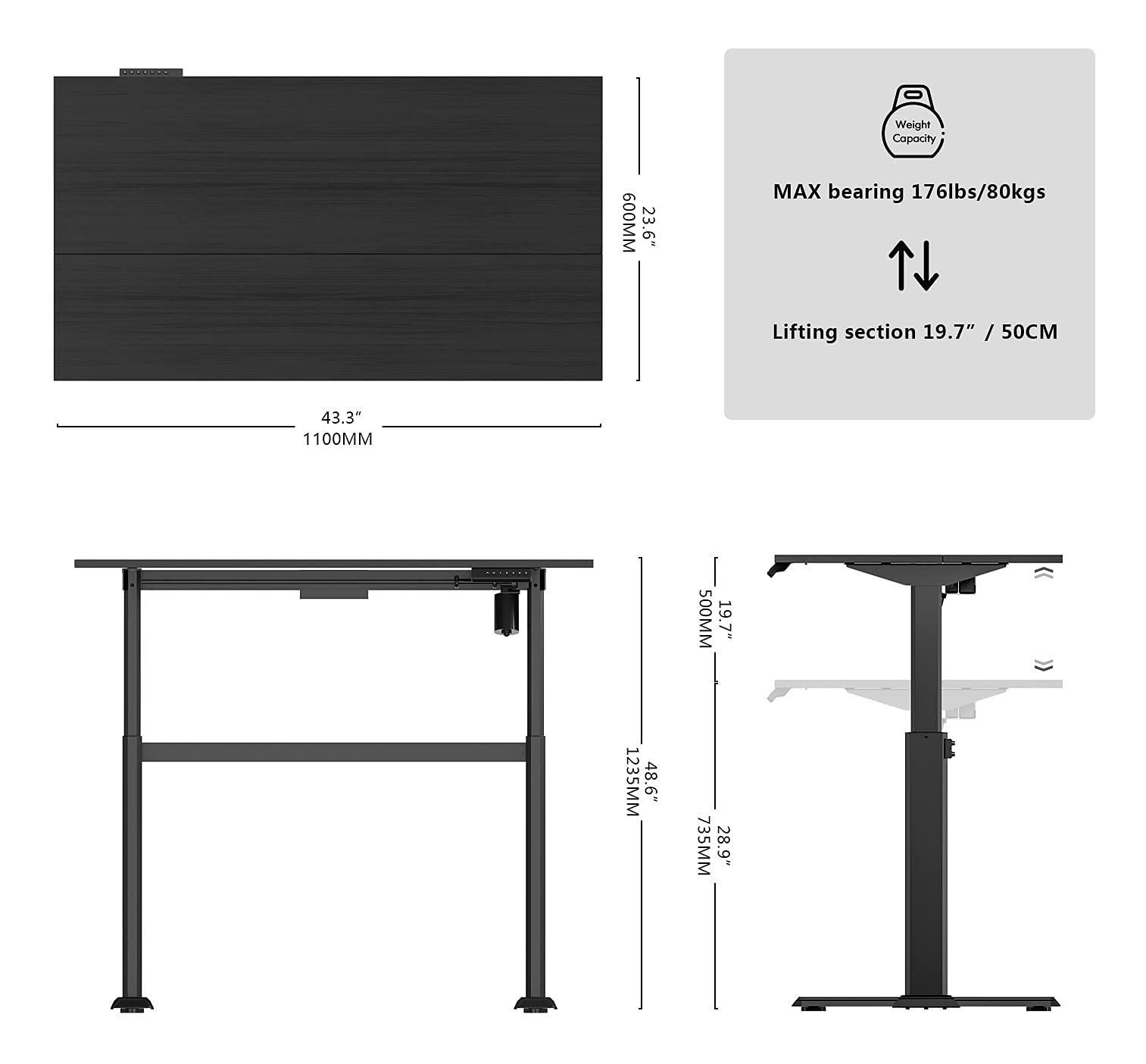 Fenge Height Adjustable Standing Desk- 43x24’’ Electric Stand Up Desk - Sit Stand Desk, Ultra-Quiet Motor, Home Office Workstation, Black