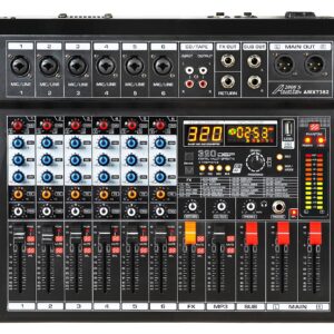 Audio2000'S AMX7382 Six-Channel Powered Audio Mixer with 320 DSP Sound Effects, Stereo Sub Out with Sub-Out Level-Control Fader, Level-Control Faders on All Channels, and USB/Computer Interface