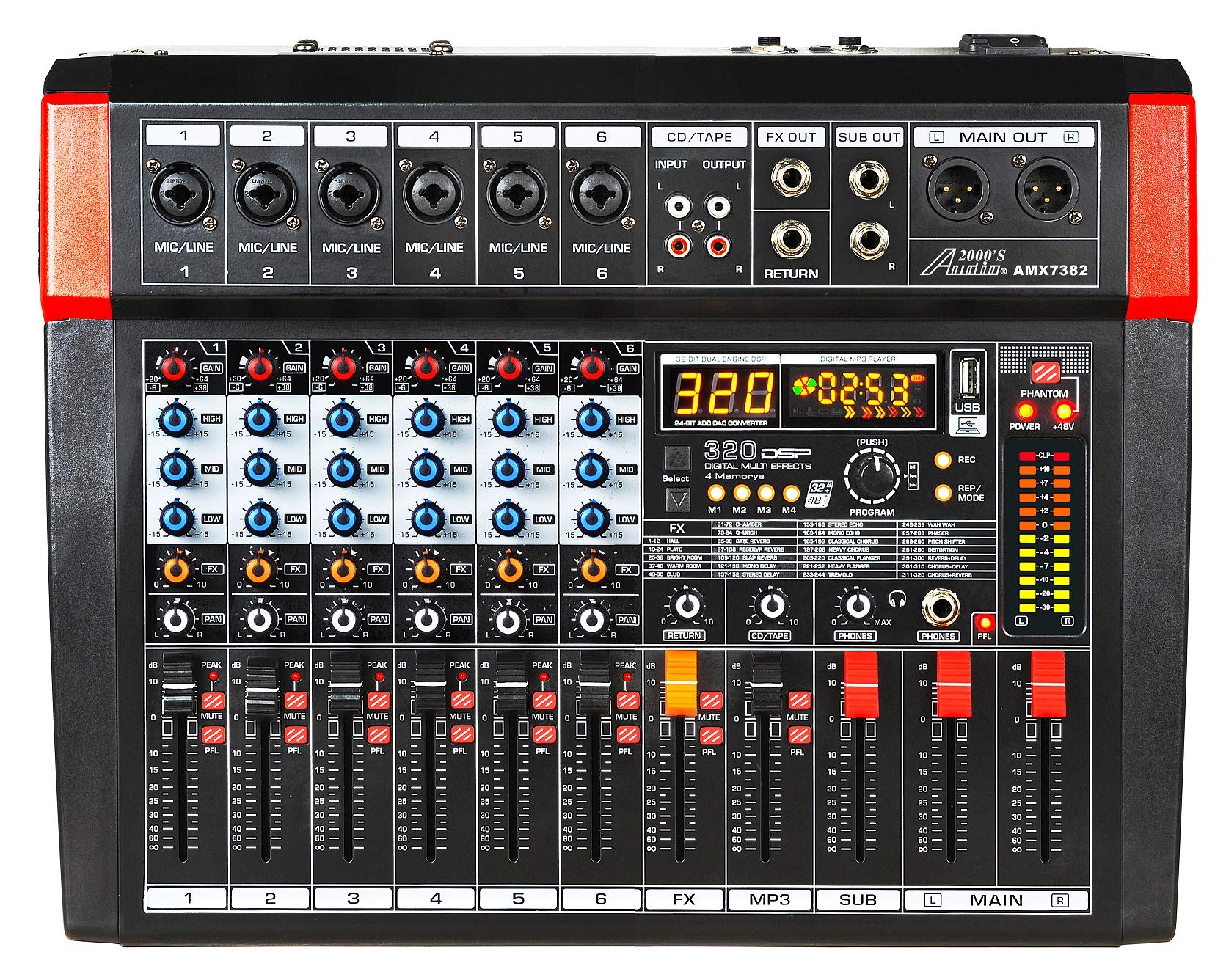 Audio2000'S AMX7382 Six-Channel Powered Audio Mixer with 320 DSP Sound Effects, Stereo Sub Out with Sub-Out Level-Control Fader, Level-Control Faders on All Channels, and USB/Computer Interface