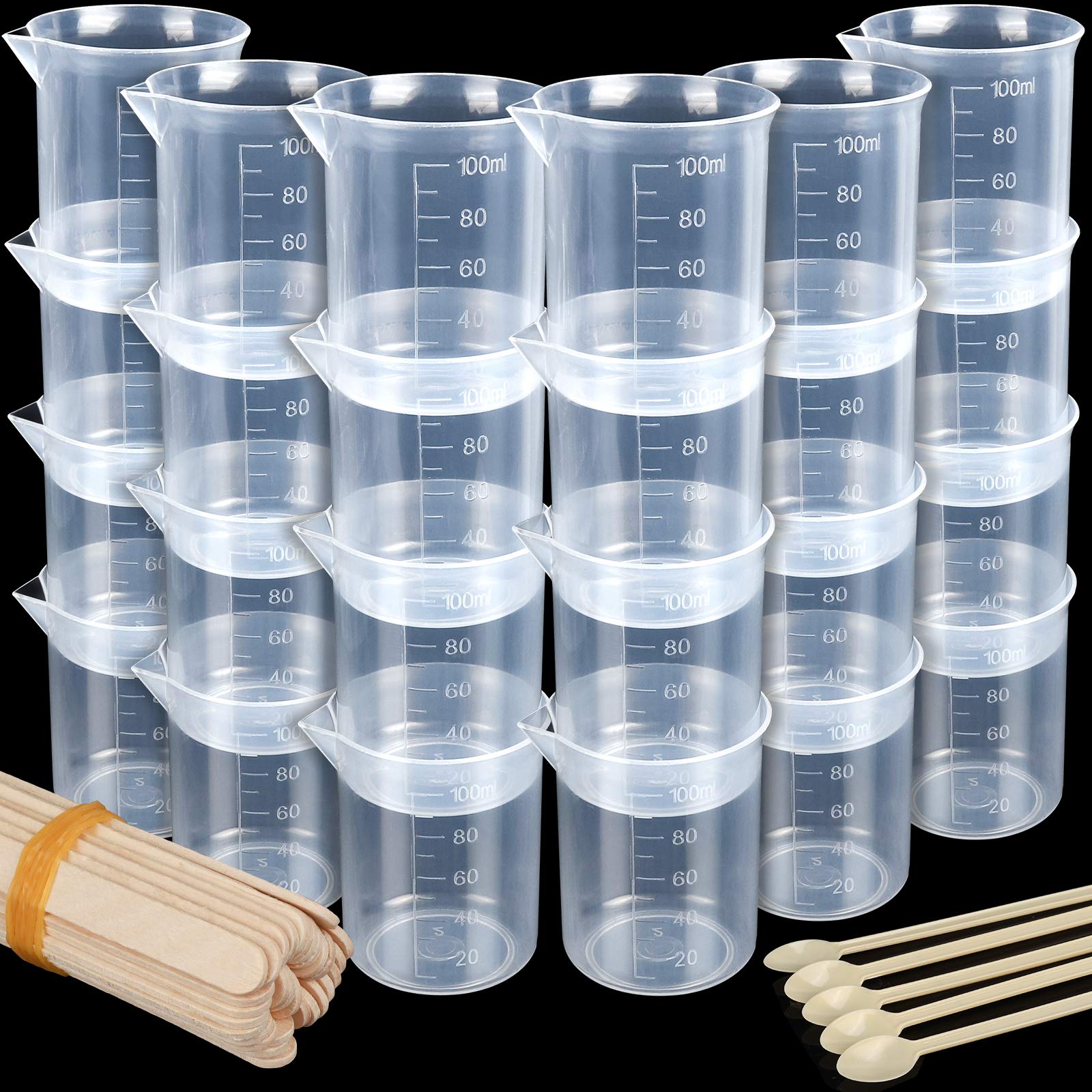 LEOBRO 24 PCS 100ml Resin Measuring Cups with 35PCS Mixing Sticks, Graduated Epoxy Resin Mixing Cups, Small Beaker, Plastic Measuring Cup for Epoxy Resin, Paint, Art Craft, Soap Candle Tumbler Making