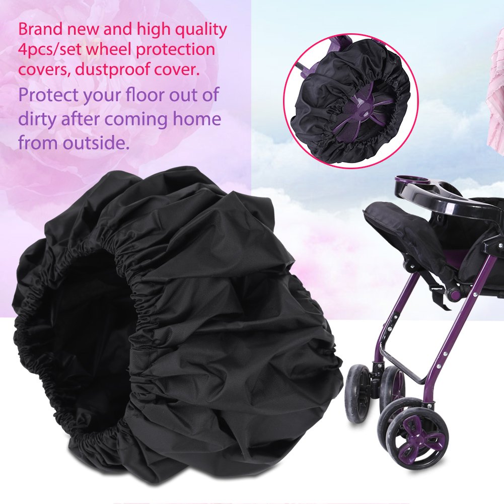 4Pcs Baby Stroller Wheel Cover, Infant Pram Stroller Wheel Protection Covers Black Dust Tire Cover(L)