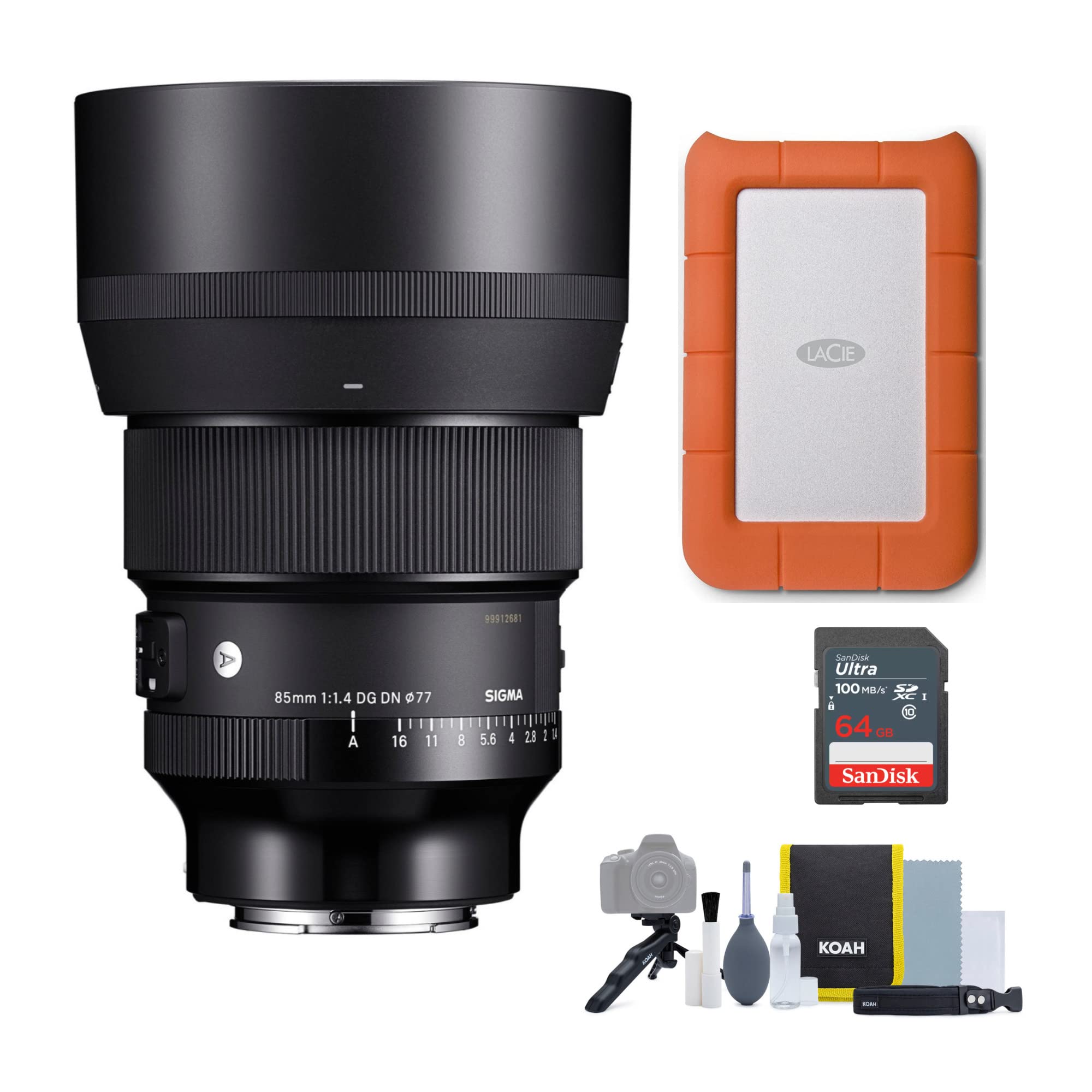 Sigma 85mm f/1.4 DG DN Art Lens for Sony E Bundle with Rugged Mini 1TB Hard Drive and 64GB SD Card (4 Items)