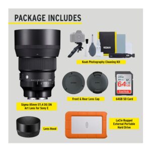 Sigma 85mm f/1.4 DG DN Art Lens for Sony E Bundle with Rugged Mini 1TB Hard Drive and 64GB SD Card (4 Items)