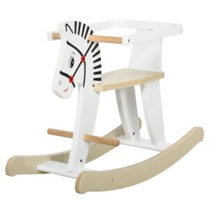 qaba wooden rocking horse toddler baby ride-on toys for kids 1-3 years with classic design & wood safety bar, white