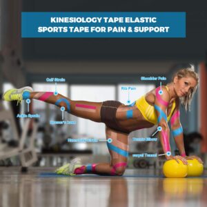 Kinesiology Tape (4 Pack) Athletic Tape 16.4ft Water Resistant Kinetic Uncut Sports Tape for Knees, Ankles, Shoulder, Pain Relief, Injury Recovery and Physio Therapy