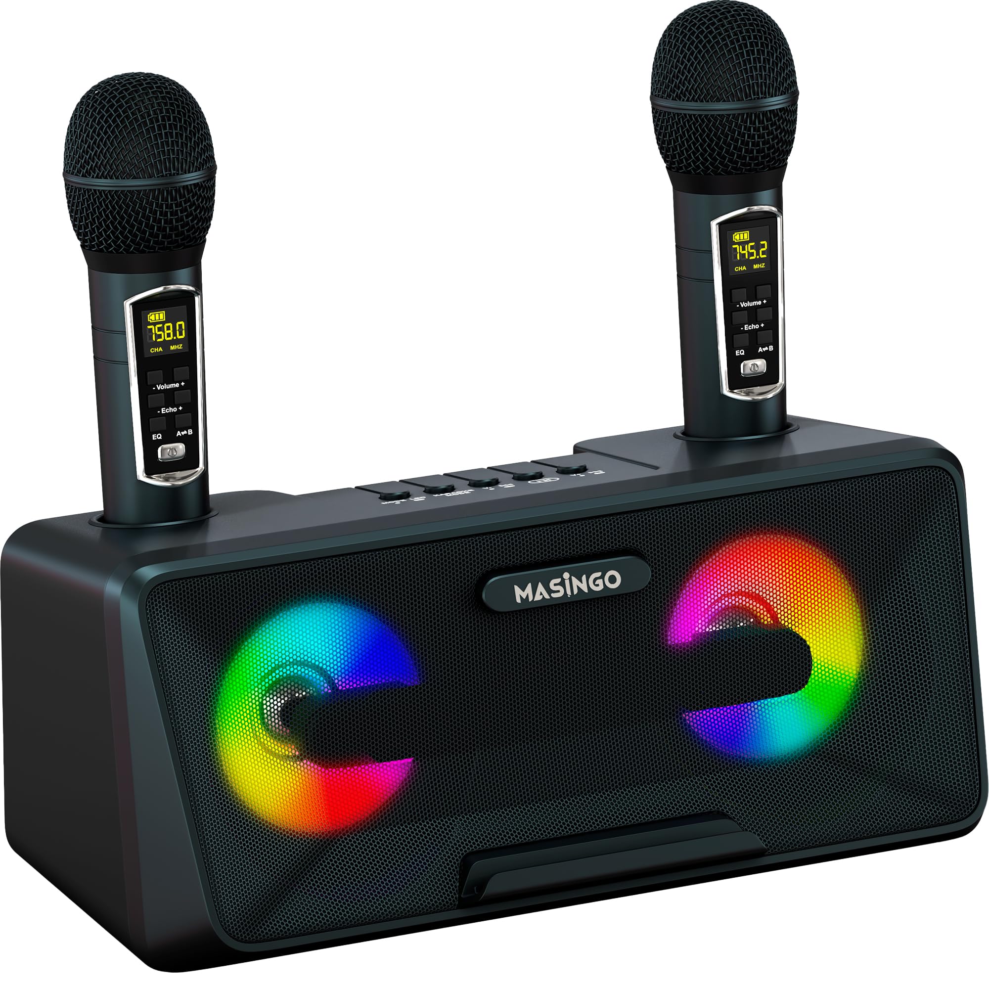 MASINGO Karaoke Machine for Adults and Kids with 2 Wireless Microphones, Portable Bluetooth Singing Speaker, Colorful LED Lights, PA System, Lyrics Display Phone Holder, and TV Cable. Presto G2 Black