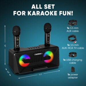 MASINGO Karaoke Machine for Adults and Kids with 2 Wireless Microphones, Portable Bluetooth Singing Speaker, Colorful LED Lights, PA System, Lyrics Display Phone Holder, and TV Cable. Presto G2 Black