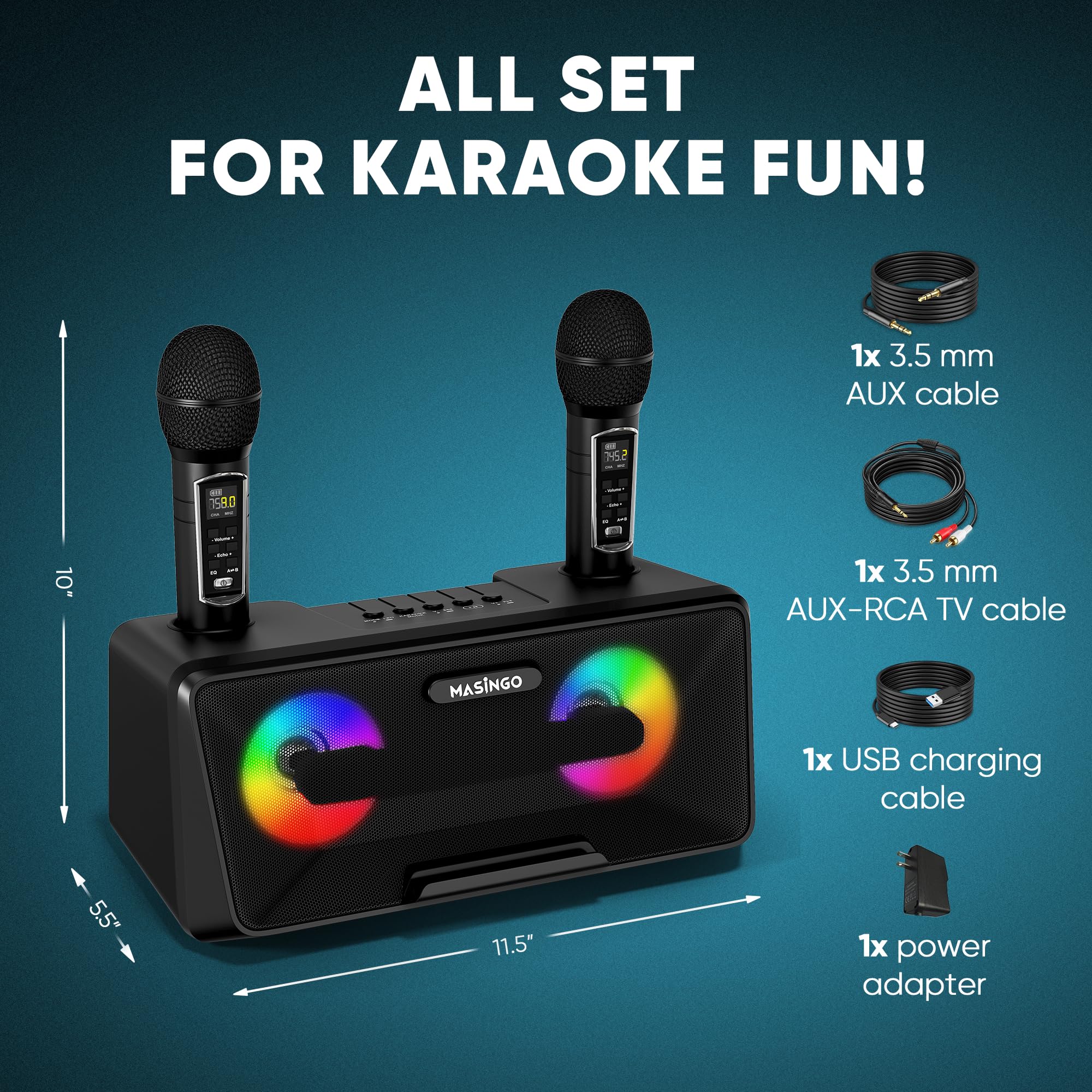 MASINGO Karaoke Machine for Adults and Kids with 2 Wireless Microphones, Portable Bluetooth Singing Speaker, Colorful LED Lights, PA System, Lyrics Display Phone Holder, and TV Cable. Presto G2 Black