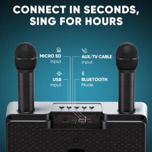 MASINGO Karaoke Machine for Adults and Kids with 2 Wireless Microphones, Portable Bluetooth Singing Speaker, Colorful LED Lights, PA System, Lyrics Display Phone Holder, and TV Cable. Presto G2 Black