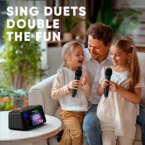 MASINGO Karaoke Machine for Adults and Kids with 2 Wireless Microphones, Portable Bluetooth Singing Speaker, Colorful LED Lights, PA System, Lyrics Display Phone Holder, and TV Cable. Presto G2 Black