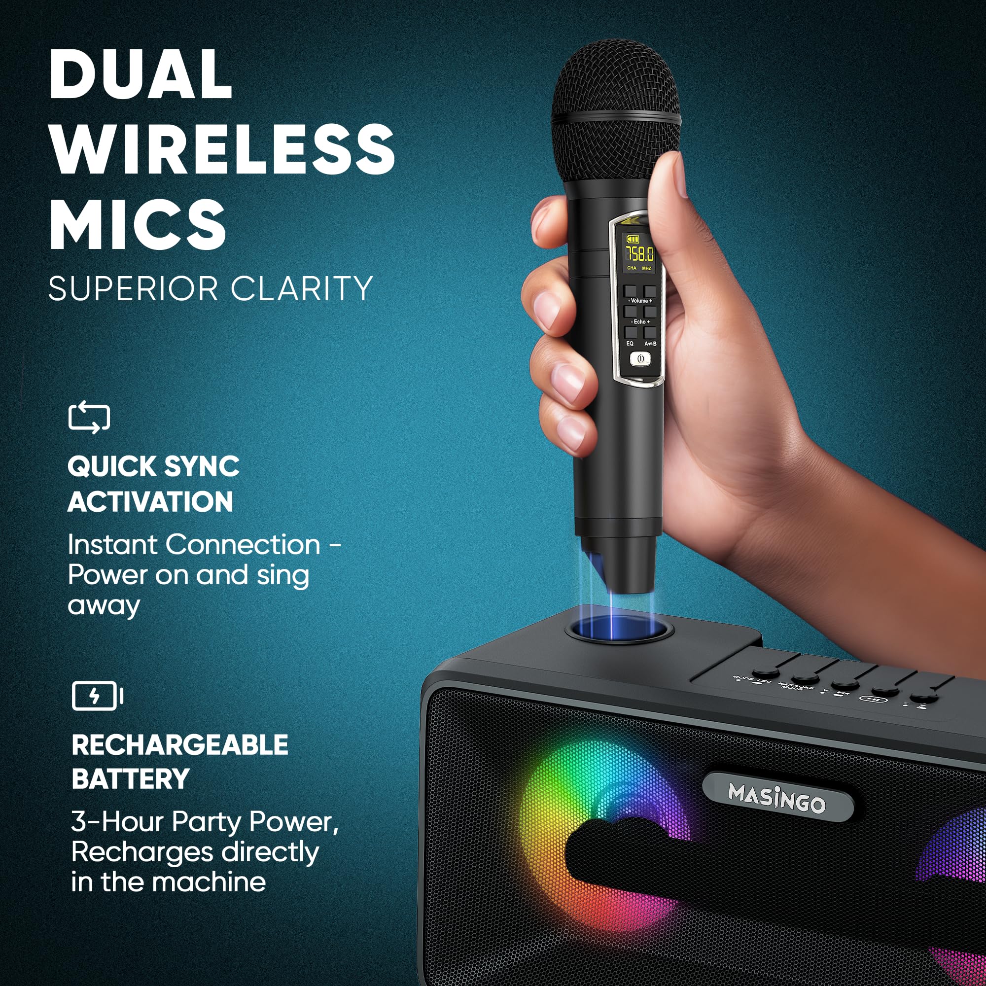 MASINGO Karaoke Machine for Adults and Kids with 2 Wireless Microphones, Portable Bluetooth Singing Speaker, Colorful LED Lights, PA System, Lyrics Display Phone Holder, and TV Cable. Presto G2 Black