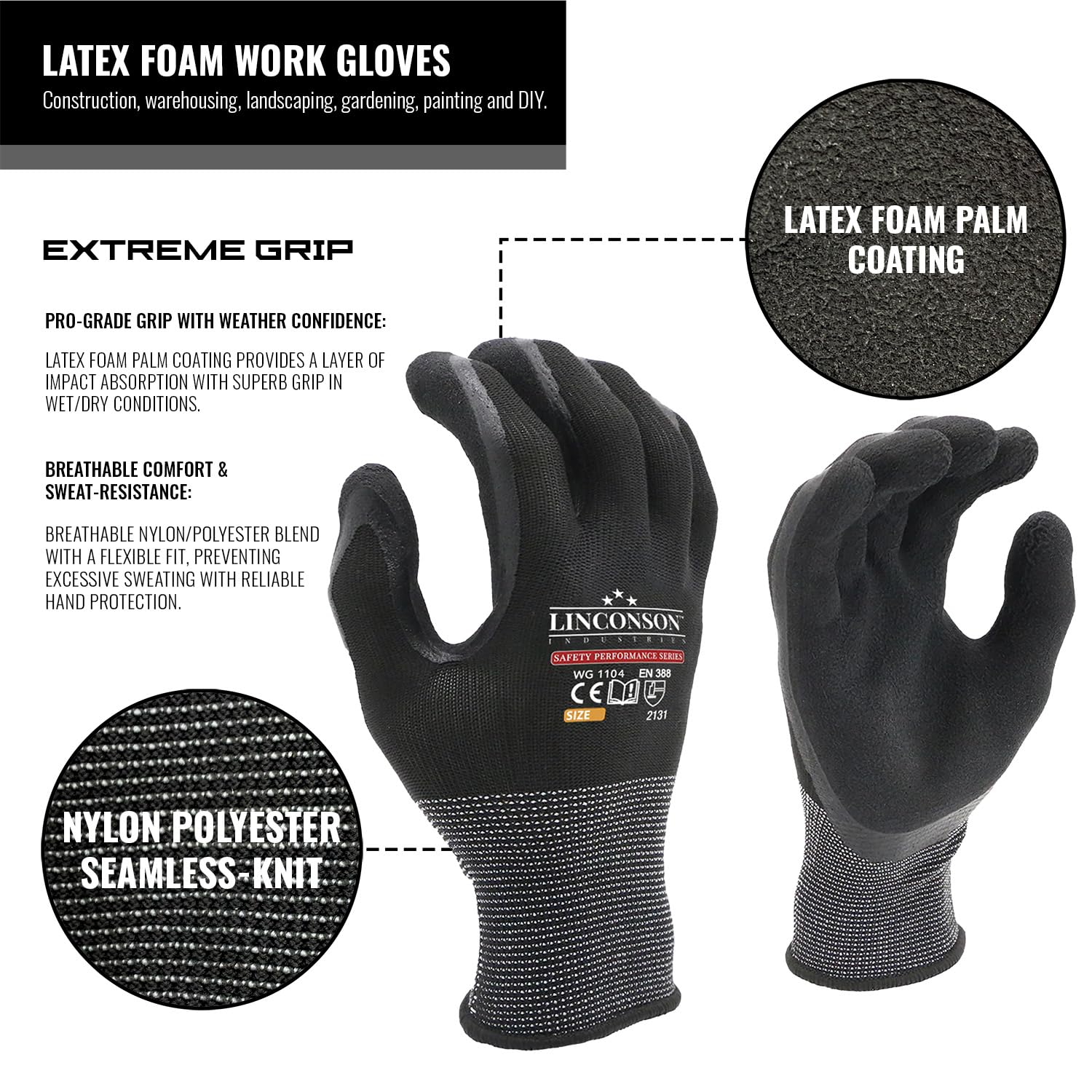 linconson 12 Pack Safety Performance Series Construction Mechanics Work Gloves (M (Pack of 12), Black)