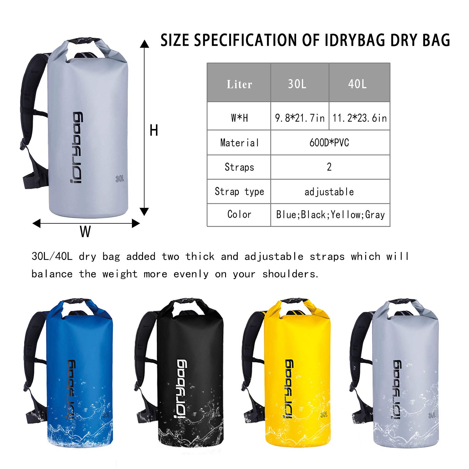 IDRYBAG Waterproof Backpack Dry Bag for Women Men, Floating Bag Dry Backpack 2L/5L/10L/15L/20L/30L/40L, Dry Bags Waterproof for Kayaking, Boating, Canoeing, Rafting, Hiking, Camping