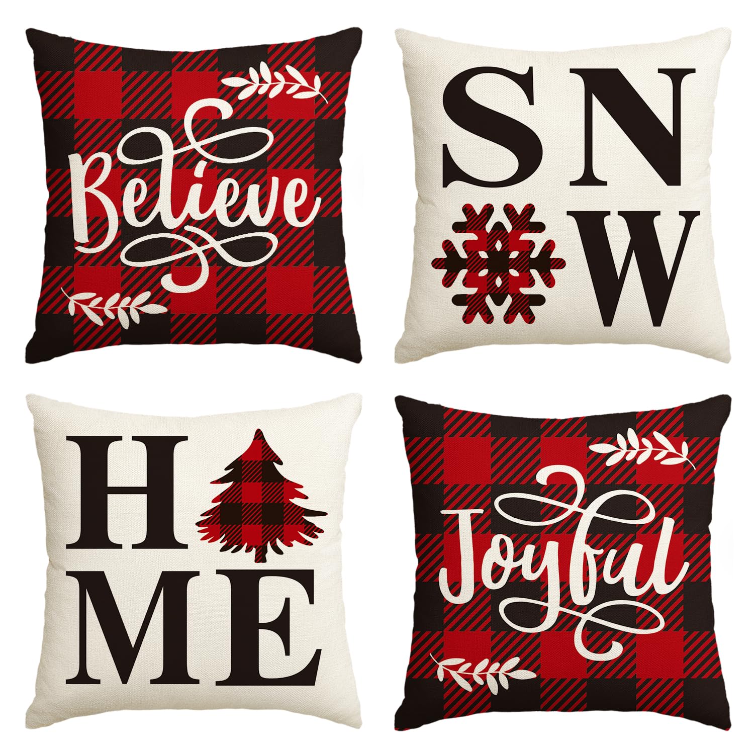 AVOIN Buffalo Plaid Believe Joyful Home Snow Throw Pillow Cover, 18 x 18 Inch Christmas Winter Holiday Snowflake Cushion Case Decoration for Sofa Couch Set of 4