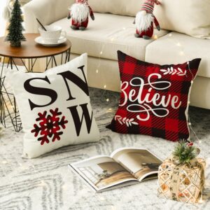 AVOIN Buffalo Plaid Believe Joyful Home Snow Throw Pillow Cover, 18 x 18 Inch Christmas Winter Holiday Snowflake Cushion Case Decoration for Sofa Couch Set of 4