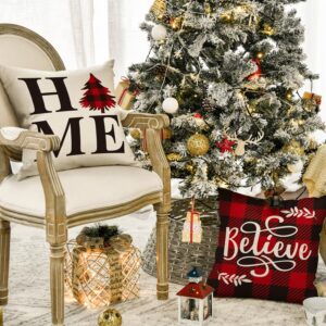 AVOIN Buffalo Plaid Believe Joyful Home Snow Throw Pillow Cover, 18 x 18 Inch Christmas Winter Holiday Snowflake Cushion Case Decoration for Sofa Couch Set of 4