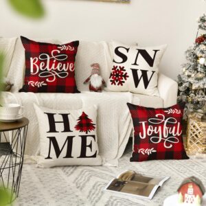 AVOIN Buffalo Plaid Believe Joyful Home Snow Throw Pillow Cover, 18 x 18 Inch Christmas Winter Holiday Snowflake Cushion Case Decoration for Sofa Couch Set of 4