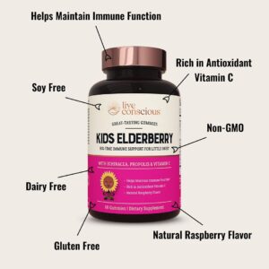 Kids Elderberry Gummies | Great-Tasting Immune Support Formula with Vitamin C, Echinacea, Sambucus, Propolis Extract | by Live Conscious - 60 Count