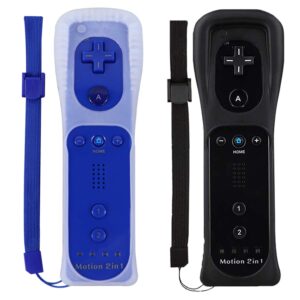 wii remote controller (2 pack) with motion plus compatible with wii and wii u console wii remote controller with shock function (black+dark blue)