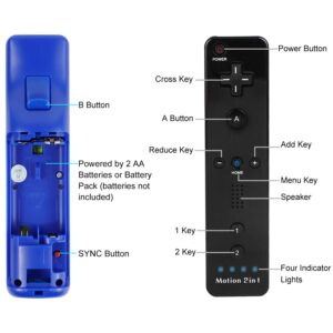 Wii Remote Controller (2 Pack) with Motion Plus Compatible with Wii and Wii U Console Wii Remote Controller with Shock Function (Black+Dark Blue)