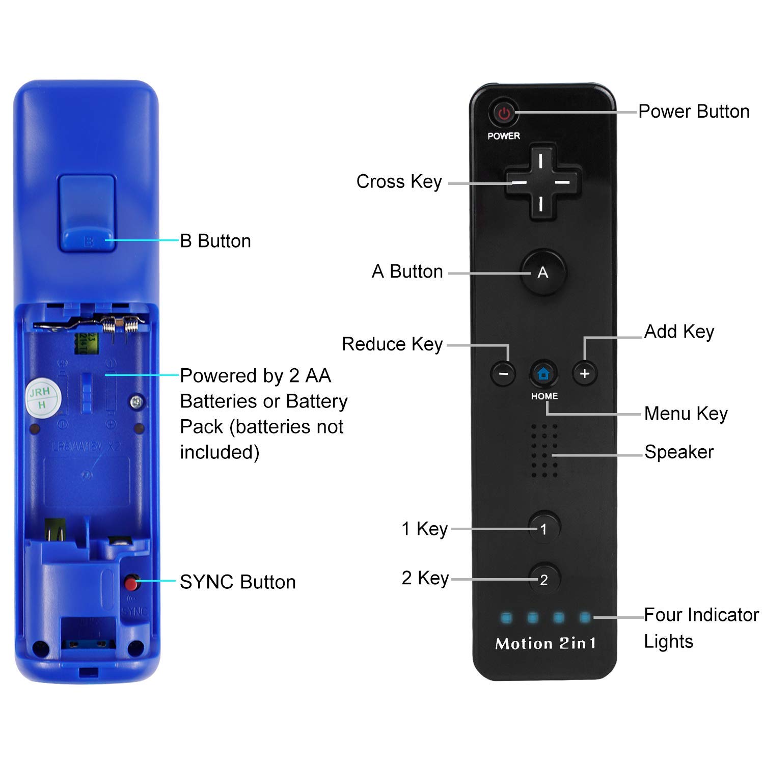 Wii Remote Controller (2 Pack) with Motion Plus Compatible with Wii and Wii U Console Wii Remote Controller with Shock Function (Black+Dark Blue)