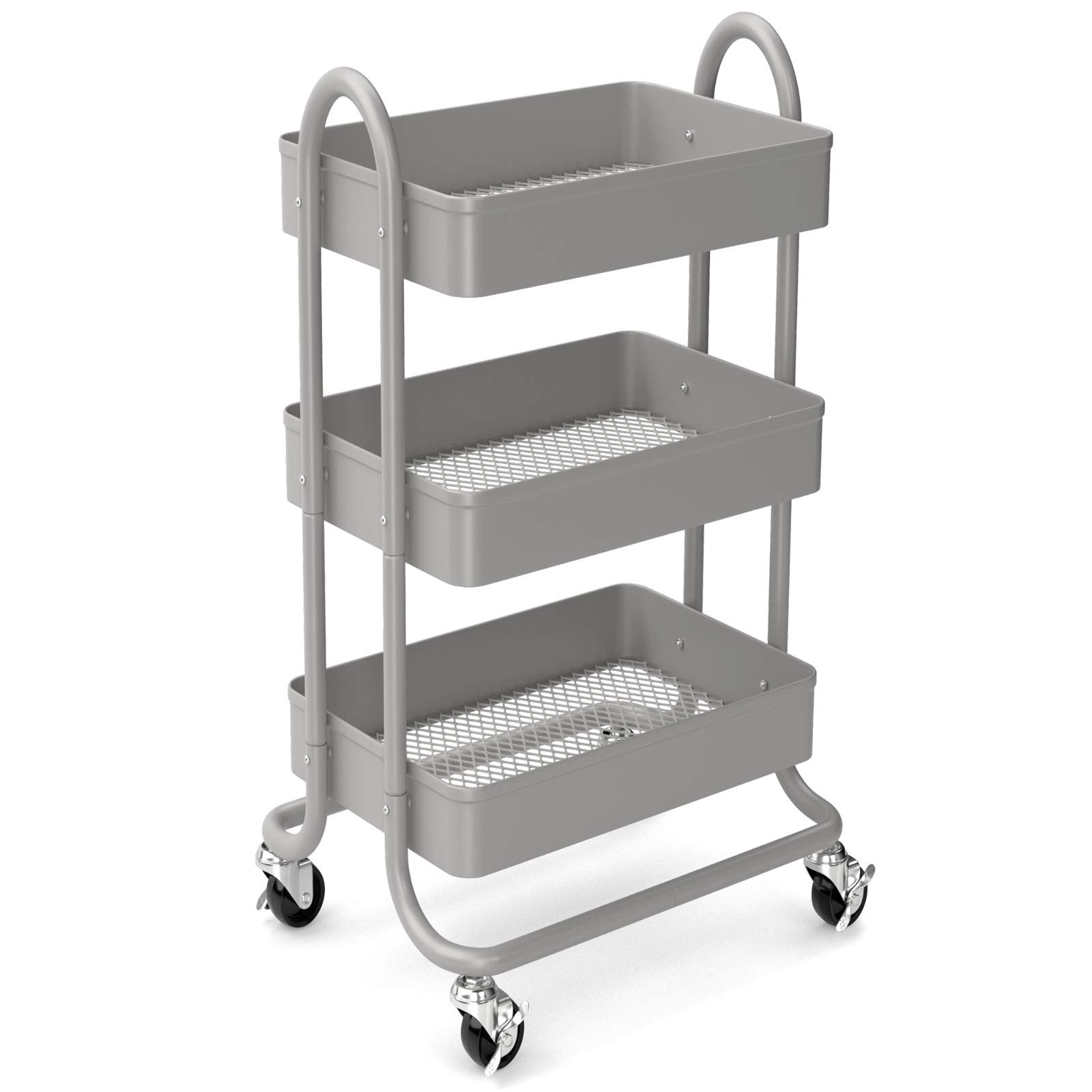 3-Tier Rolling Metal Storage Organizer - Mobile Utility Rolling Storage Cart, Kitchen Cart with Caster Wheels (Grey)