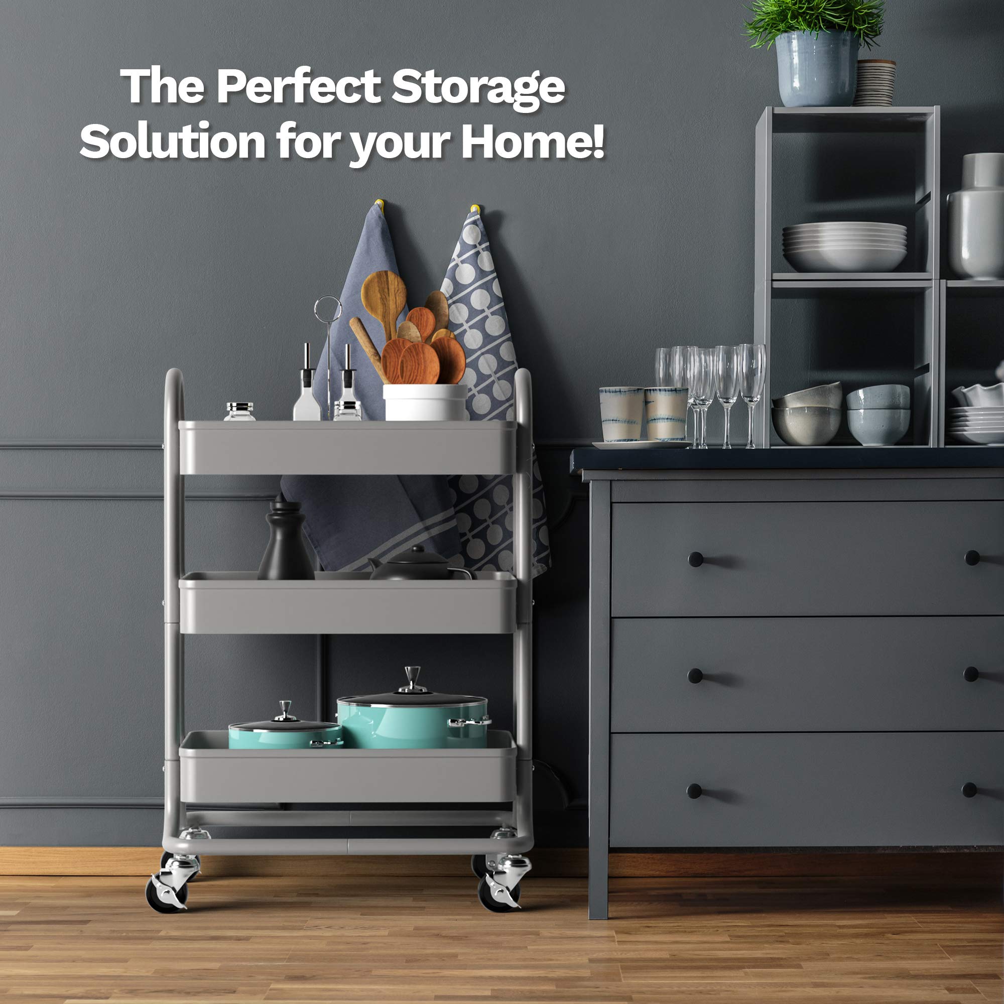 3-Tier Rolling Metal Storage Organizer - Mobile Utility Rolling Storage Cart, Kitchen Cart with Caster Wheels (Grey)