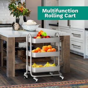 3-Tier Rolling Metal Storage Organizer - Mobile Utility Rolling Storage Cart, Kitchen Cart with Caster Wheels (Grey)