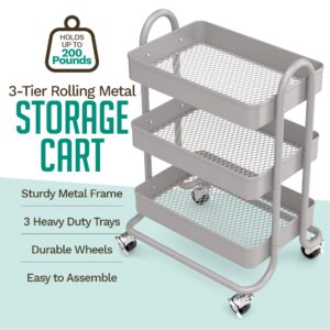 3-Tier Rolling Metal Storage Organizer - Mobile Utility Rolling Storage Cart, Kitchen Cart with Caster Wheels (Grey)