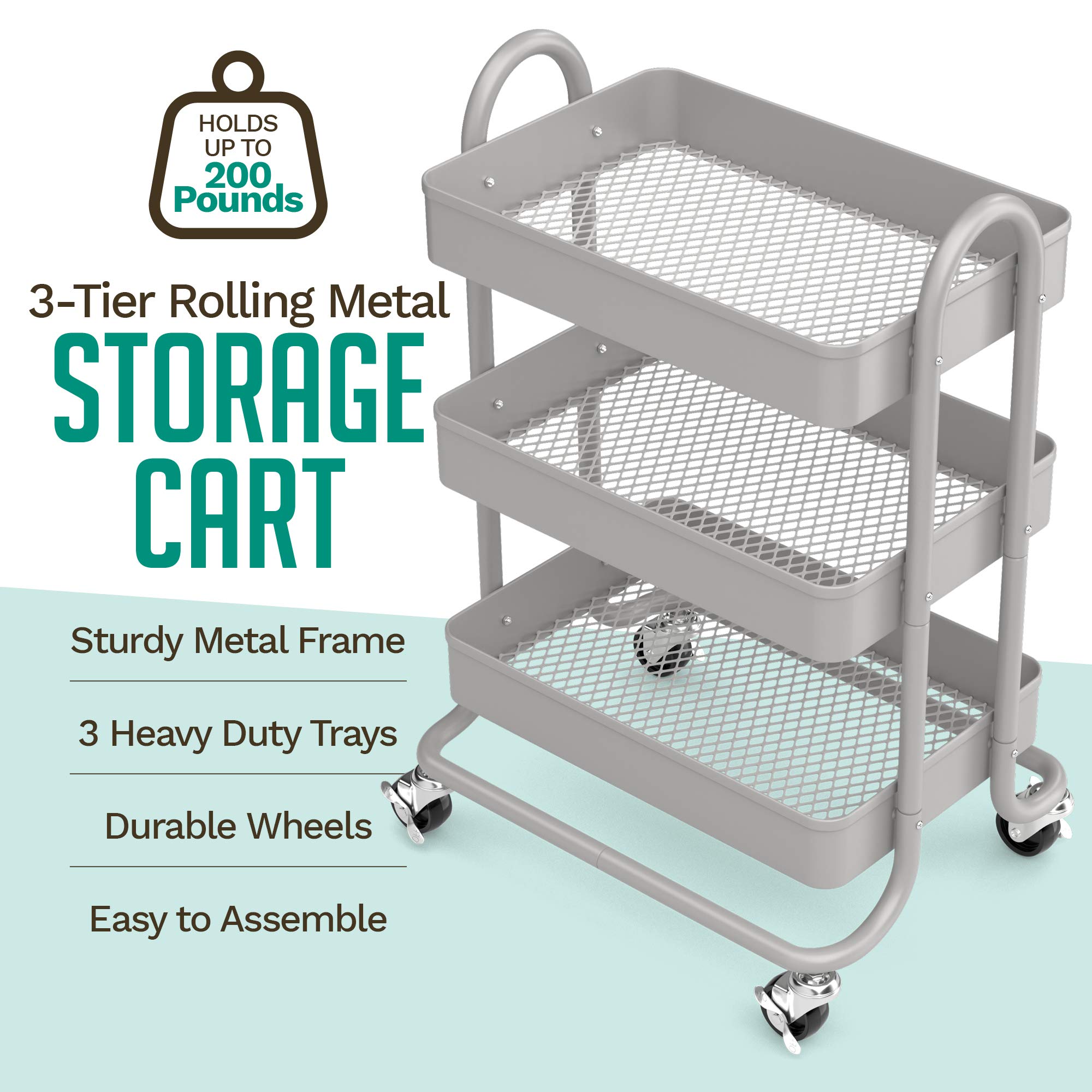 3-Tier Rolling Metal Storage Organizer - Mobile Utility Rolling Storage Cart, Kitchen Cart with Caster Wheels (Grey)