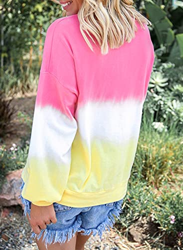 Biucly Women Color Block Lightweight Sweatshirt Long Sleeve Tie Dye Pullover Hoodie,US 12-14(L),Pink,White,Yellow