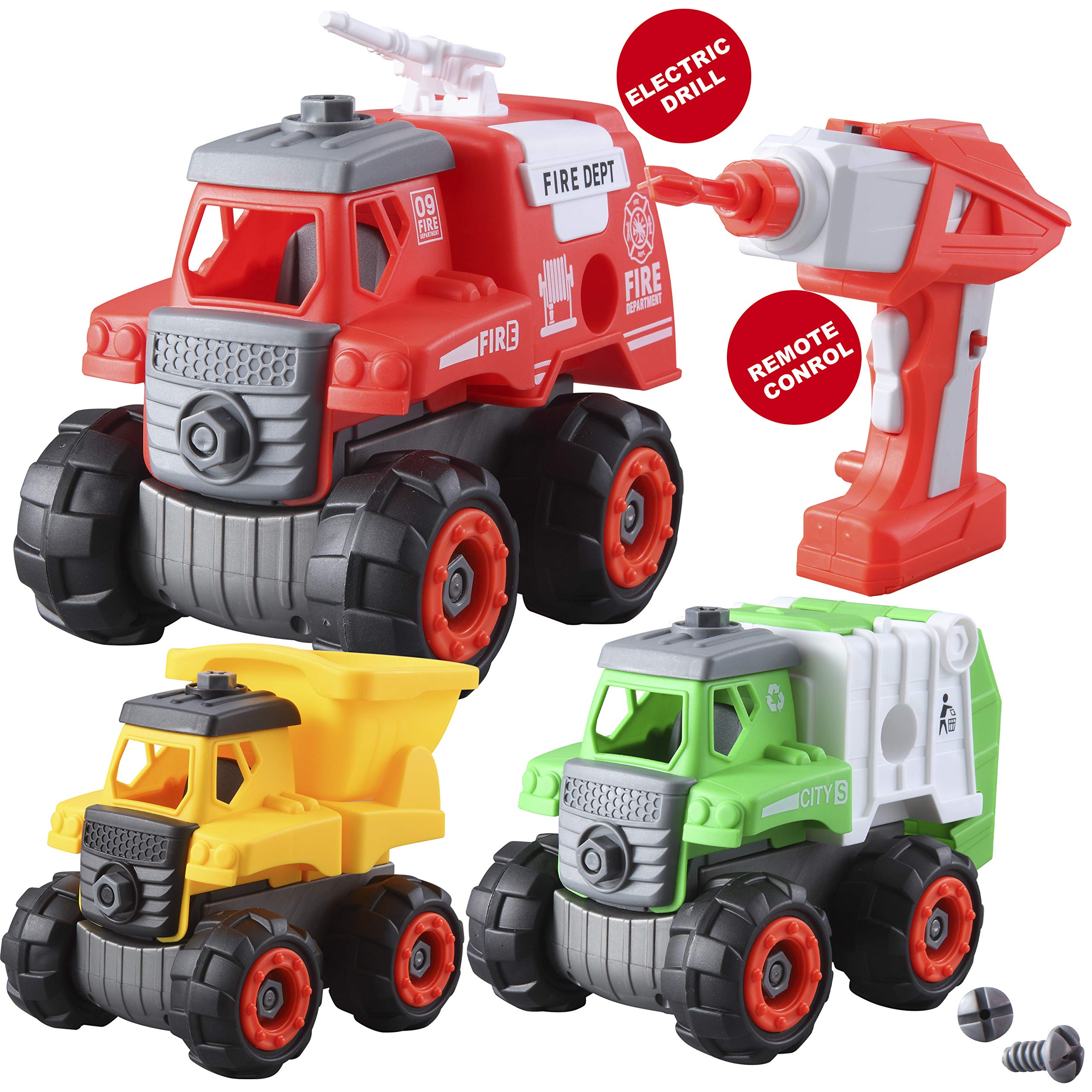 JOYIN 3 in 1 Take Apart RC Remote Control Truck Toy Combo Set and Remote Control Electric Drill, Including Fire Engine, Construction Truck, and Garbage Truck/Waste Management Recycling Truck