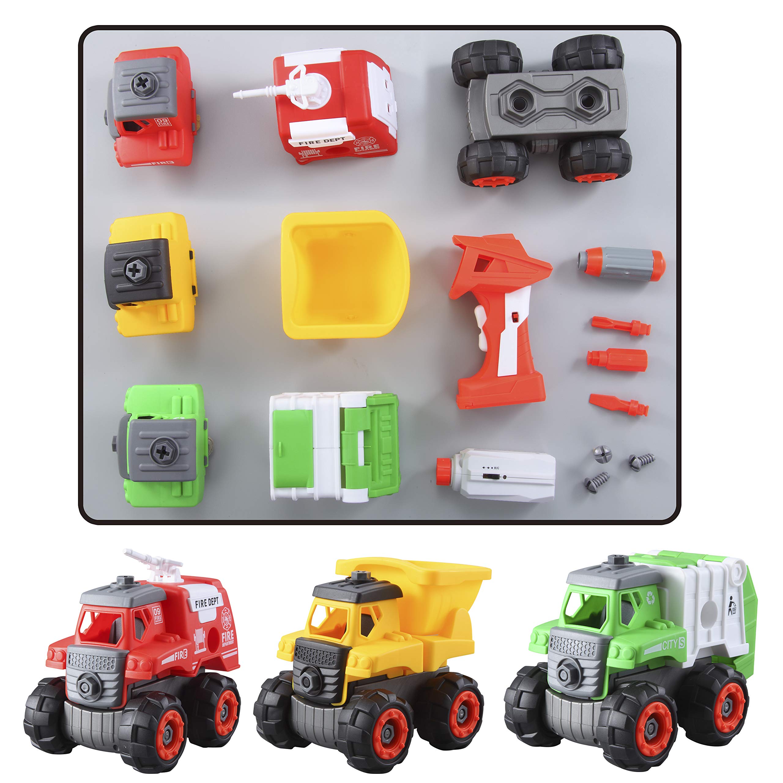 JOYIN 3 in 1 Take Apart RC Remote Control Truck Toy Combo Set and Remote Control Electric Drill, Including Fire Engine, Construction Truck, and Garbage Truck/Waste Management Recycling Truck