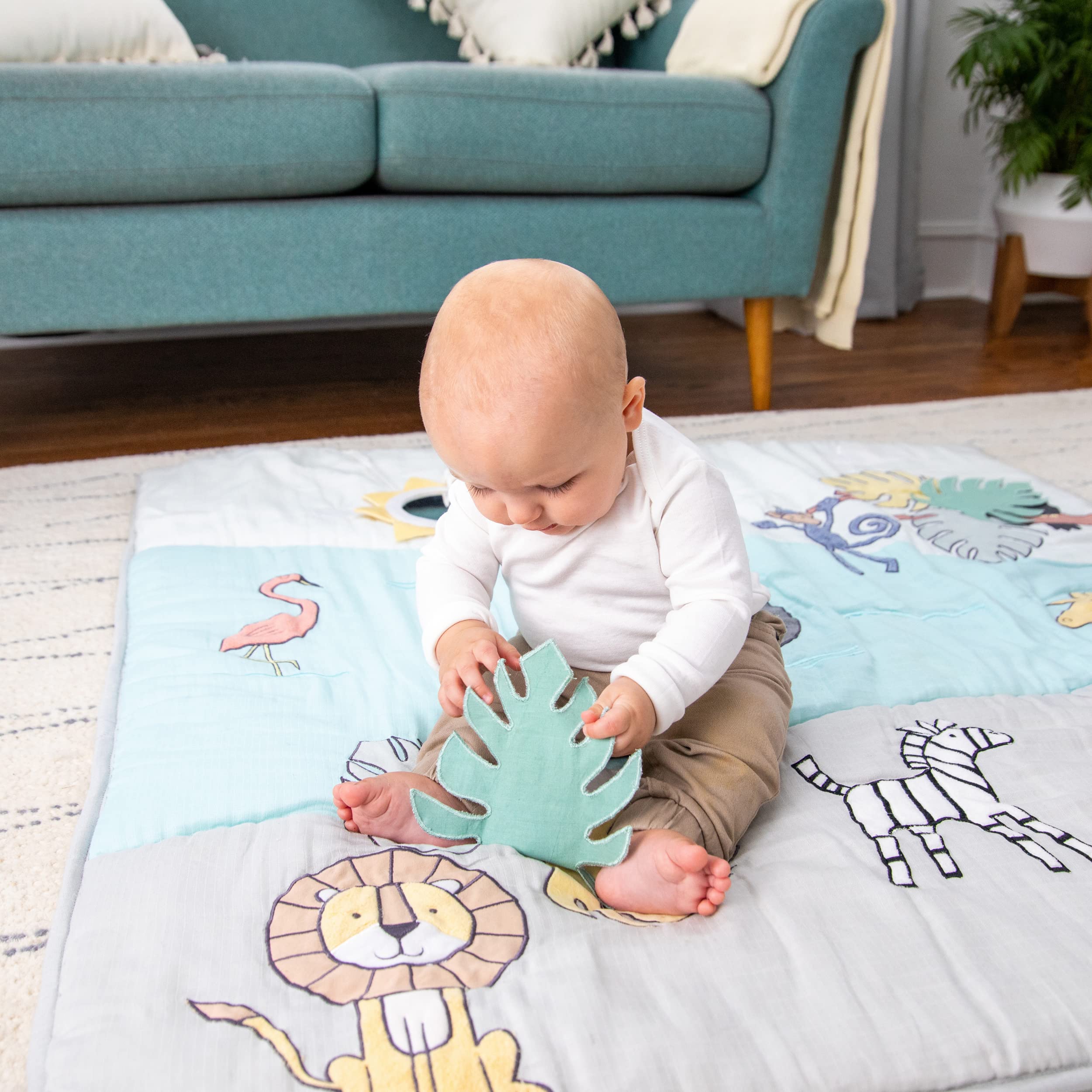 aden + anais Baby Bonding Playmat – Reversible 45” x 45” Cotton Muslin Infant Mat – Foldable Play & Tummy Time Cushion – Sensory Development Toys – Machine Washable - Non Toxic, PVC Free