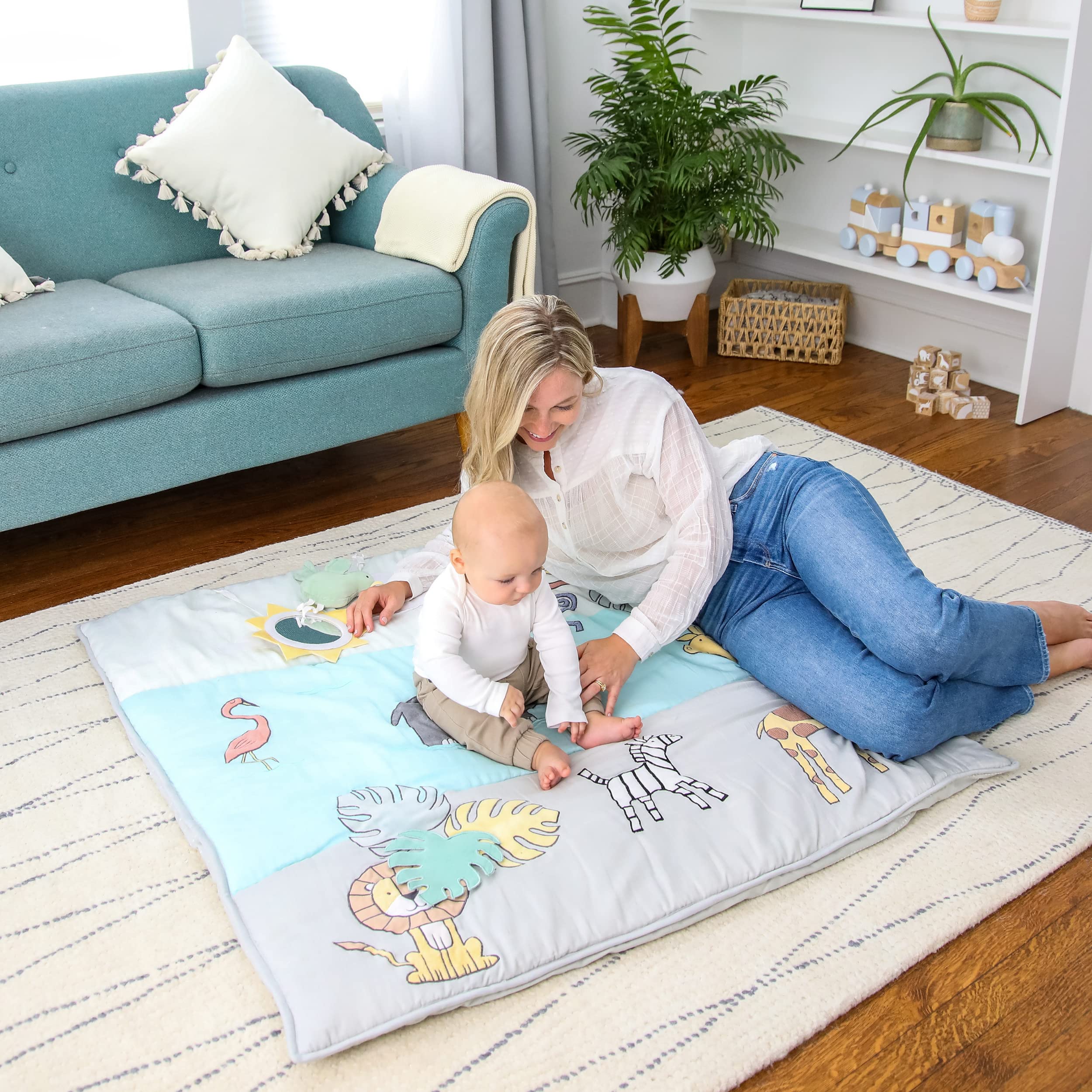 aden + anais Baby Bonding Playmat – Reversible 45” x 45” Cotton Muslin Infant Mat – Foldable Play & Tummy Time Cushion – Sensory Development Toys – Machine Washable - Non Toxic, PVC Free