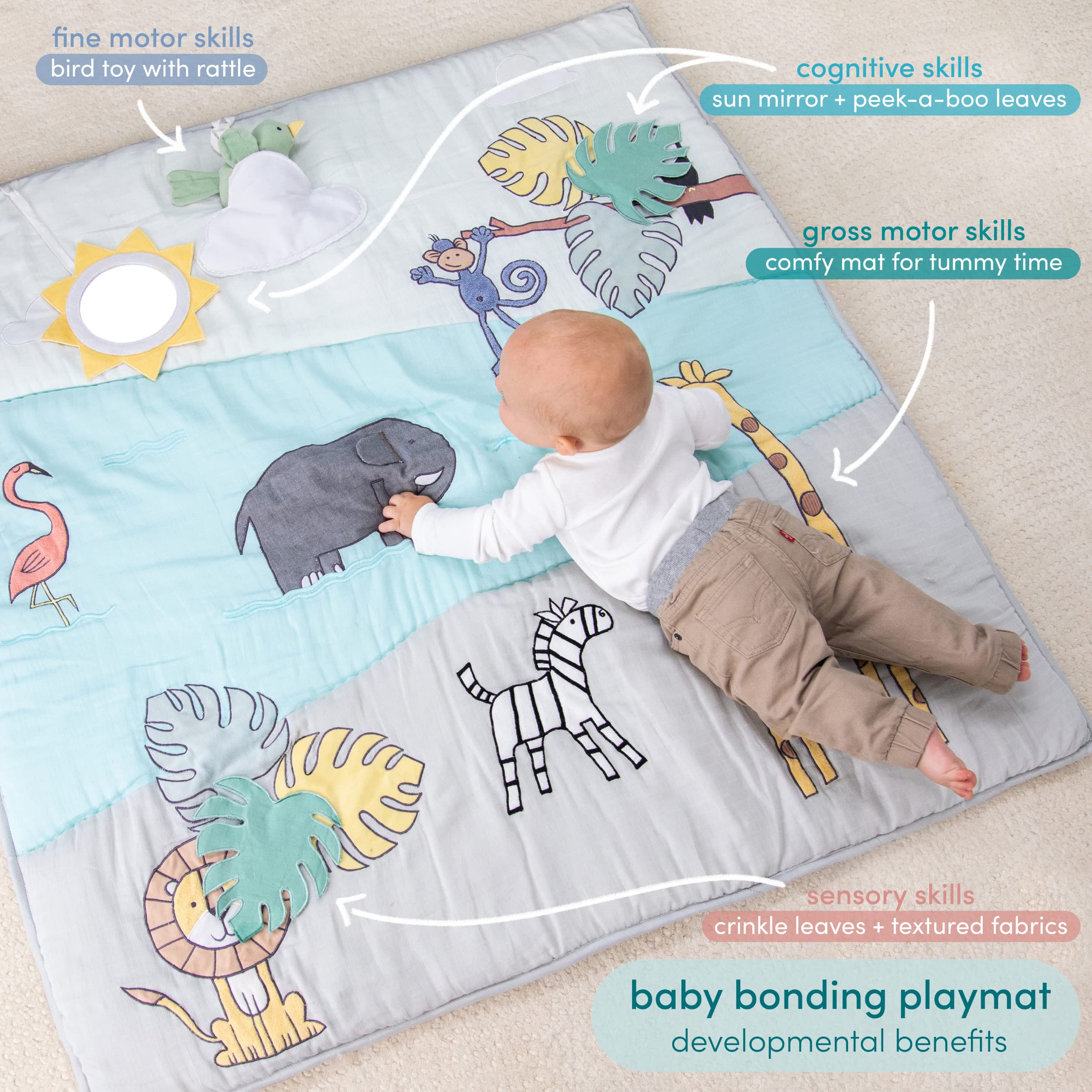 aden + anais Baby Bonding Playmat – Reversible 45” x 45” Cotton Muslin Infant Mat – Foldable Play & Tummy Time Cushion – Sensory Development Toys – Machine Washable - Non Toxic, PVC Free