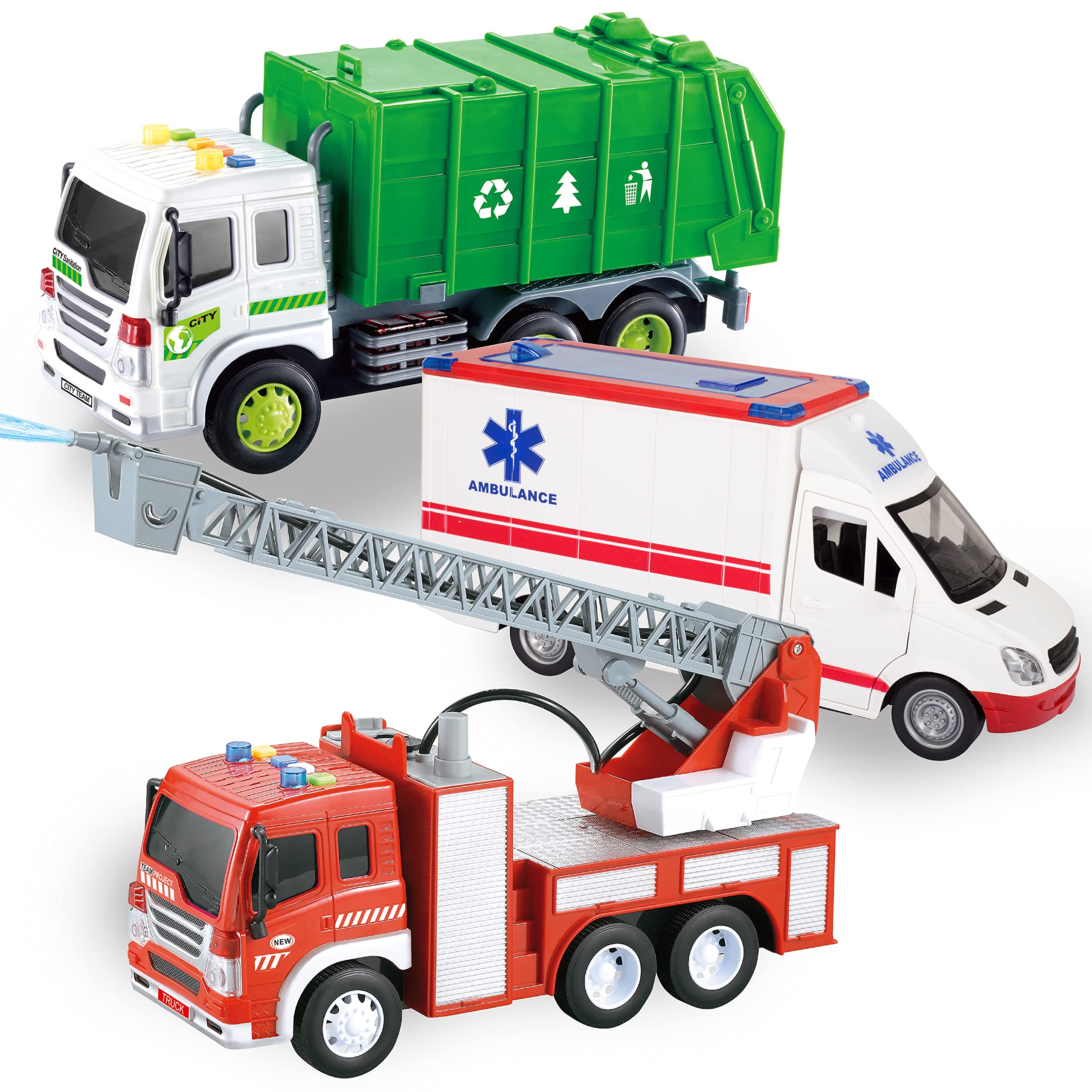 JOYIN 3 PC 1:16 Big Friction Powered City Play Vehicle Toy Set Including, Fire Engine Rescue Truck, Ambulance, and Recycling Garbage Truck, Vehicle Toy with Lights and Sound Siren