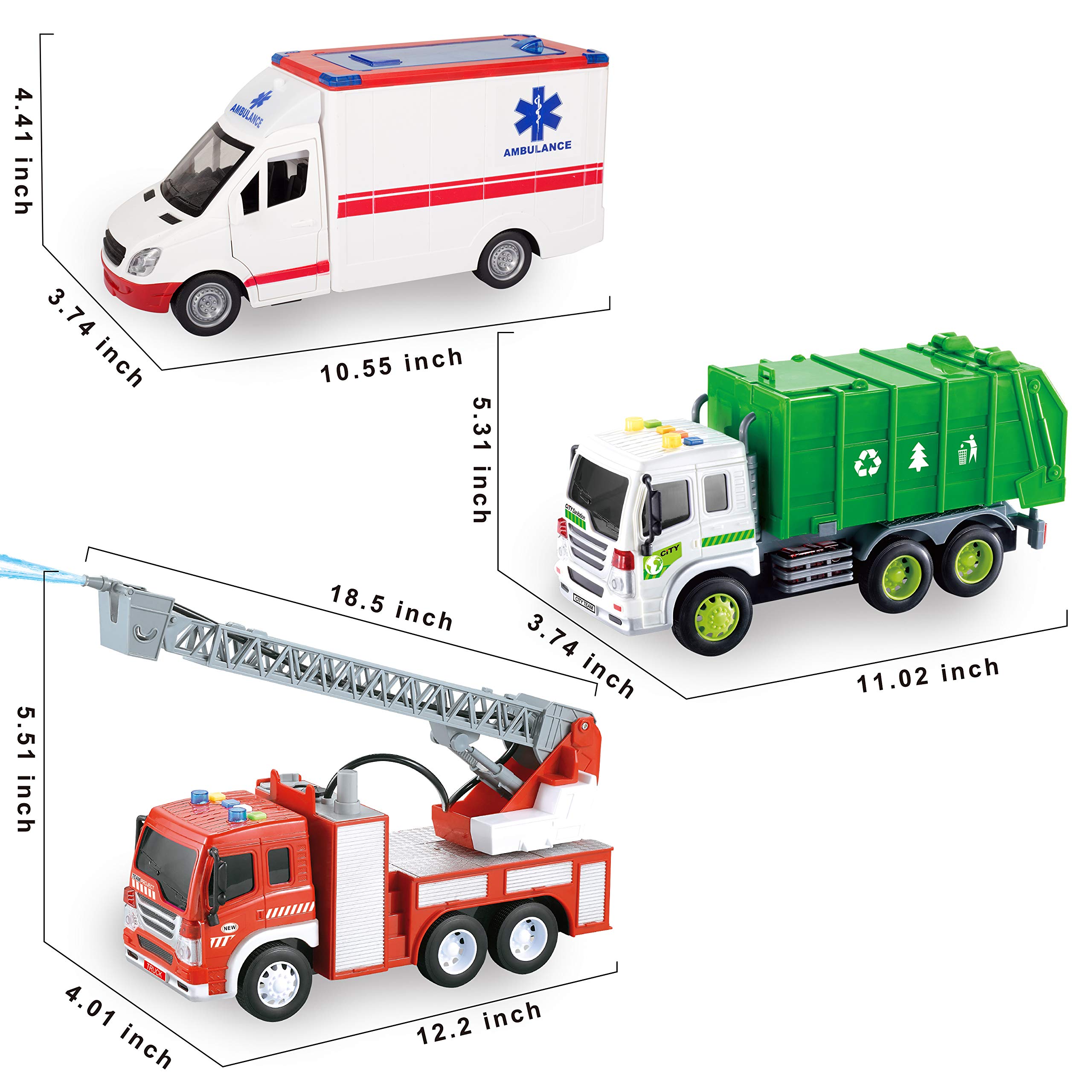 JOYIN 3 PC 1:16 Big Friction Powered City Play Vehicle Toy Set Including, Fire Engine Rescue Truck, Ambulance, and Recycling Garbage Truck, Vehicle Toy with Lights and Sound Siren