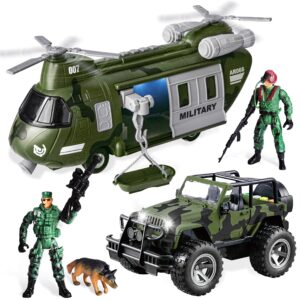 joyin military vehicles toy set of friction powered transport helicopter and military truck with light and sound siren and army men soldier action figures for kids