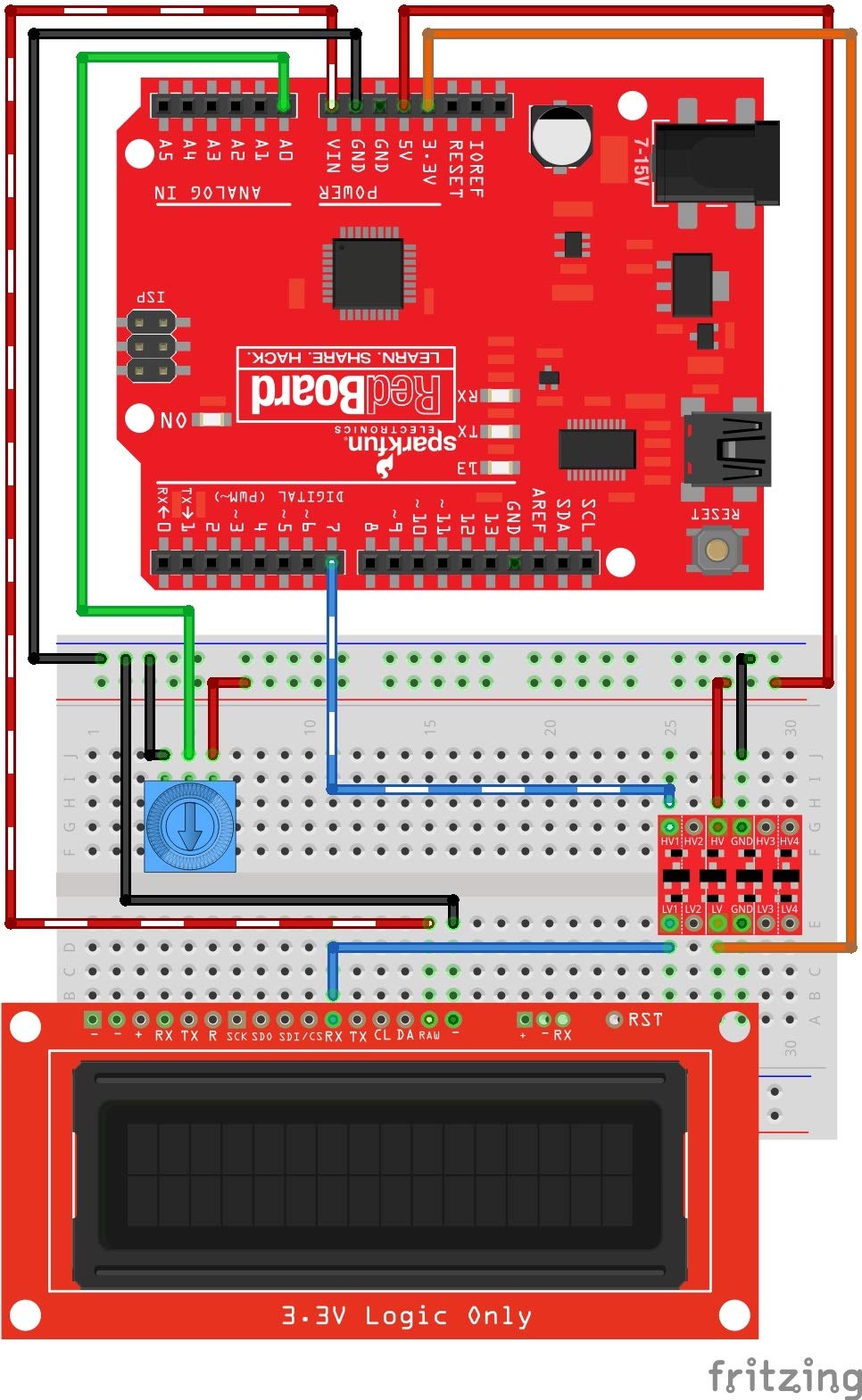 SparkFun 16x2 SerLCD - RGB Text (Qwiic) - Red/Green/Blue Text on Black Display 3.3v Logic and Power