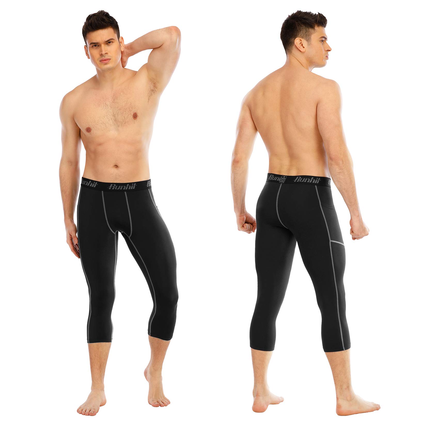 Runhit 3/4 Compression Pants Men with Pockets,(2 Pack) Running Shorts Pants Tights Leggings for Men Yoga Workout Athletic Base Layer