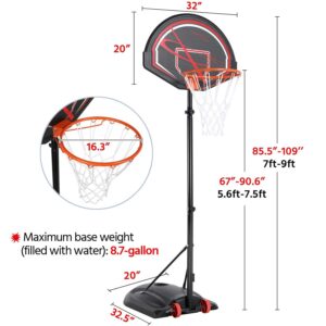 Yaheetech 32" Portable Basketball Hoop Goal System 7-9ft Height Adjustable Polyethylene Backboard for Indoor/Outside w/Sturdy Rim & Wheels