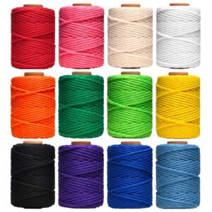 hulisen macrame cord, 3mm x 396 yards natural cotton twine, 12 rolls 4 strand colored macrame string, colorful cotton rope for diy crafts knitting, artworks, wall hanging, plant hangers