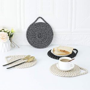 Cotton Thread Pot Trivet, Braided Cup Coaster for Kitchen, Multi-use for Hot Pan, Dish and Bowl, with Stylish Hanging Loop Set of 3 Diameter 7 Inches