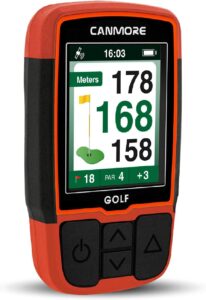 canmore handheld golf gps hg200 - water resistant full-color display with 41,000+ essential golf course data and score sheet - free courses worldwide and growing (orange)