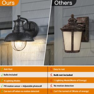 Untrammelife Rustic Outdoor Wall Light Fixture with Dusk to Dawn PIR Motion Sensor 2 Pack Matte Black Outdoor Wall Lantern Lamp with Crackle Glass Shade for Porch Barn Front Door, Bulbs Included