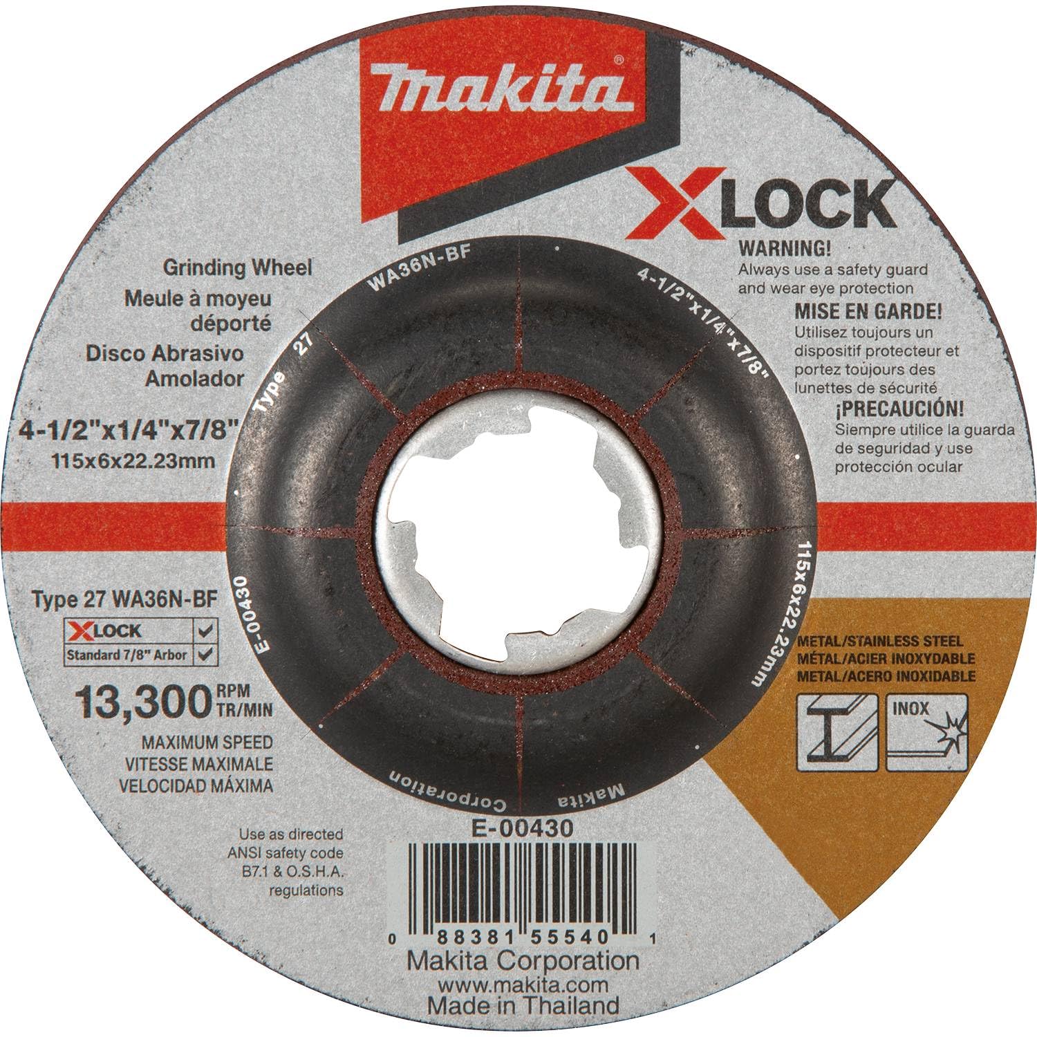 Makita E-00430 X-Lock 4-1/2" x 1/4" x 7/8" Type 27 General Purpose 36 Grit Abrasive Grinding Wheel for Metal & Stainless Steel Grinding