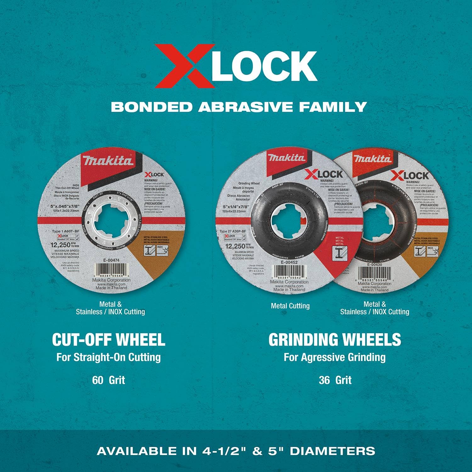 Makita E-00430 X-Lock 4-1/2" x 1/4" x 7/8" Type 27 General Purpose 36 Grit Abrasive Grinding Wheel for Metal & Stainless Steel Grinding