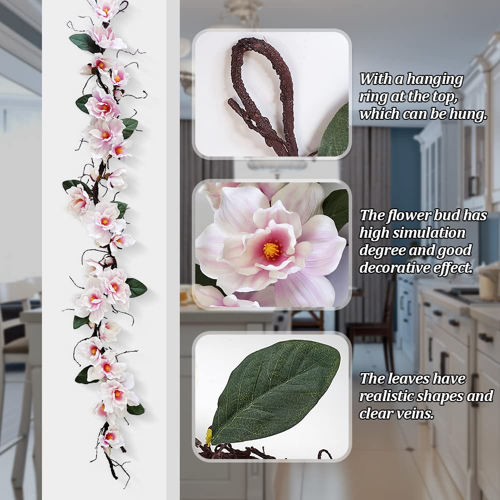 LIUCOGXI 6.1 Ft Artificial Magnolia Flower Garland with Flowers Faux Flower Vine Magnolia Garland Fake Froal Vine for Greenery Garland for Wedding Home Party Craft Art Table Runner Fireplace Decor